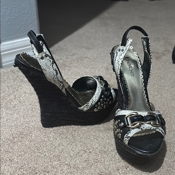 bebe | Shoes | Bebe Black And White Wedge Sandals | Poshmark
